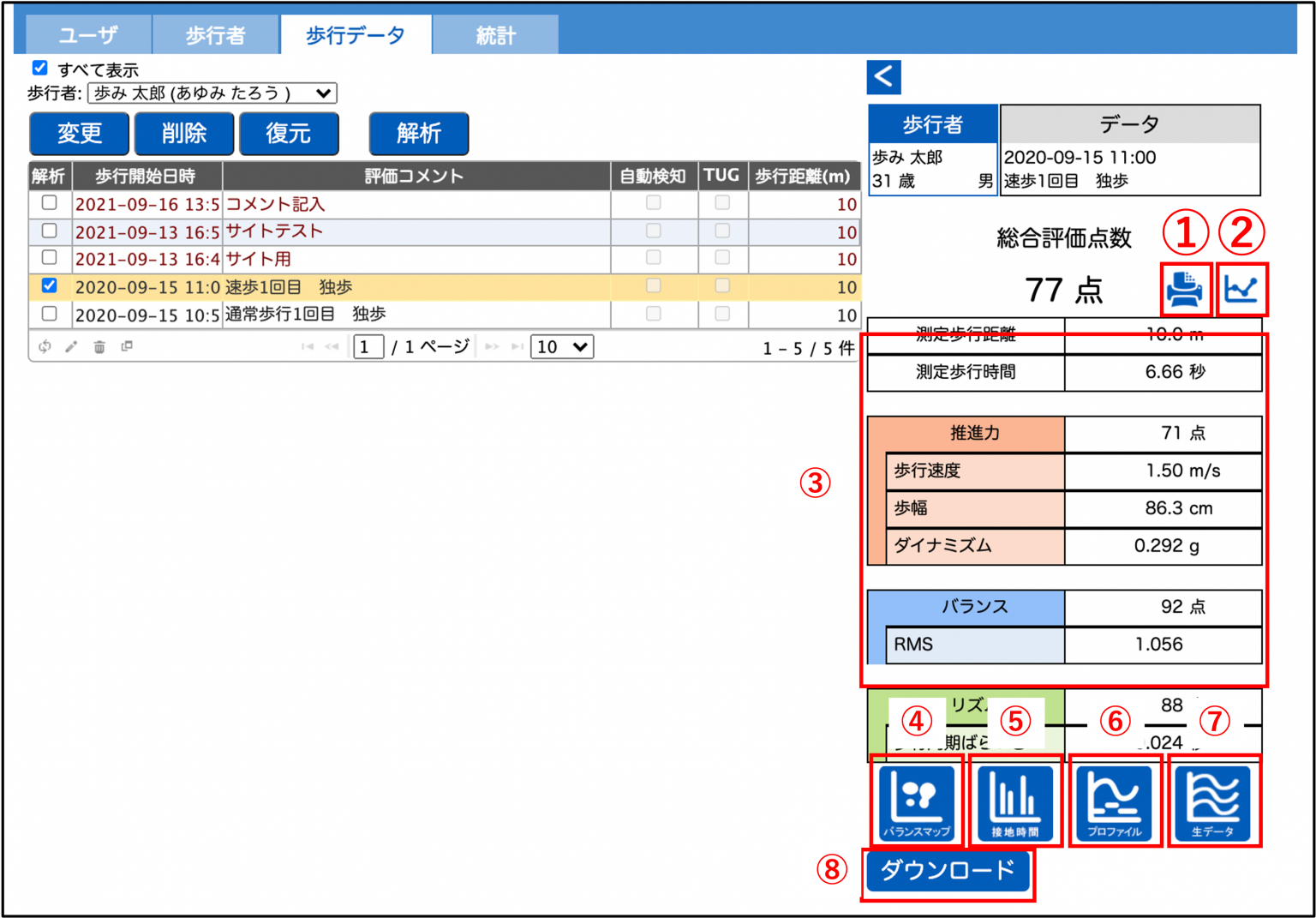 Webブラウザ_歩行者の解析データを見る方法 | 歩行分析システム AYUMI EYE